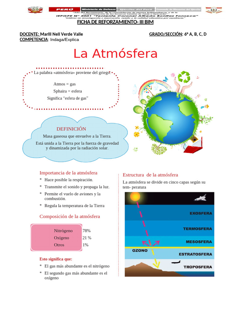 Ficha de Reforzamiento La Atmosfera | PDF | Atmósfera | Tierra