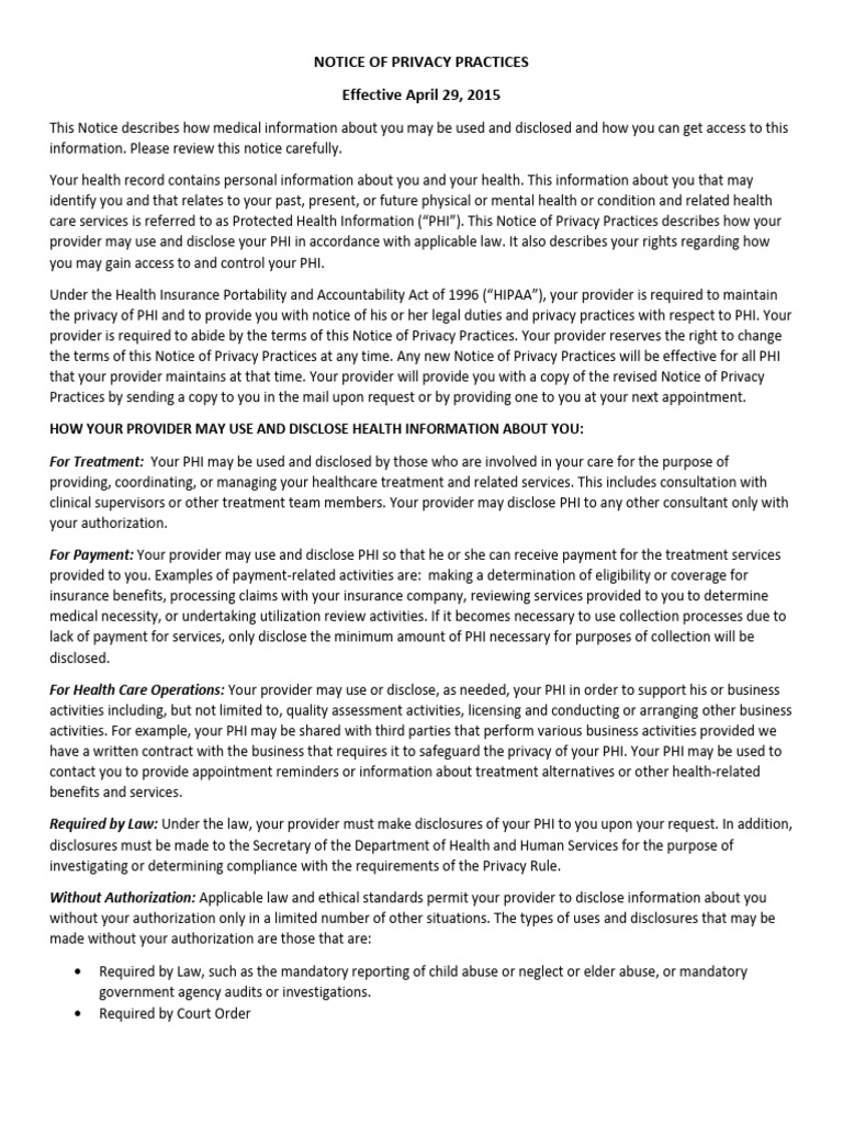 HIPAA Privacy Practices Notice | PDF | Health Insurance Portability And ...