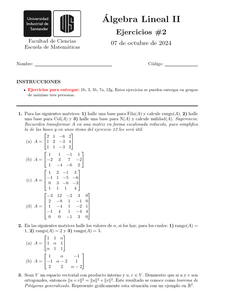 Ejercicios de Álgebra Lineal II | PDF | Base (álgebra lineal) | Vector Euclidiano