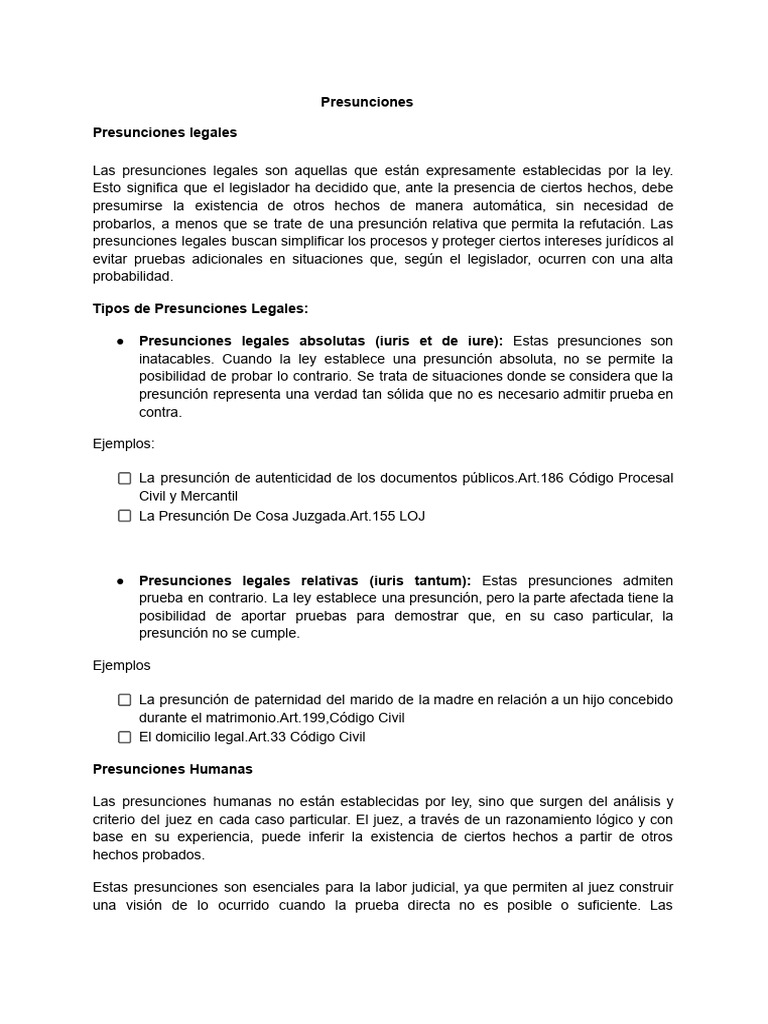Tipos y Ejemplos de Presunciones Legales | PDF