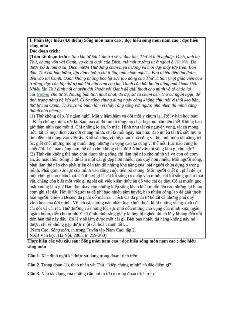 ĐỀ ĐỌC HIỂU VĂN GK1 | PDF