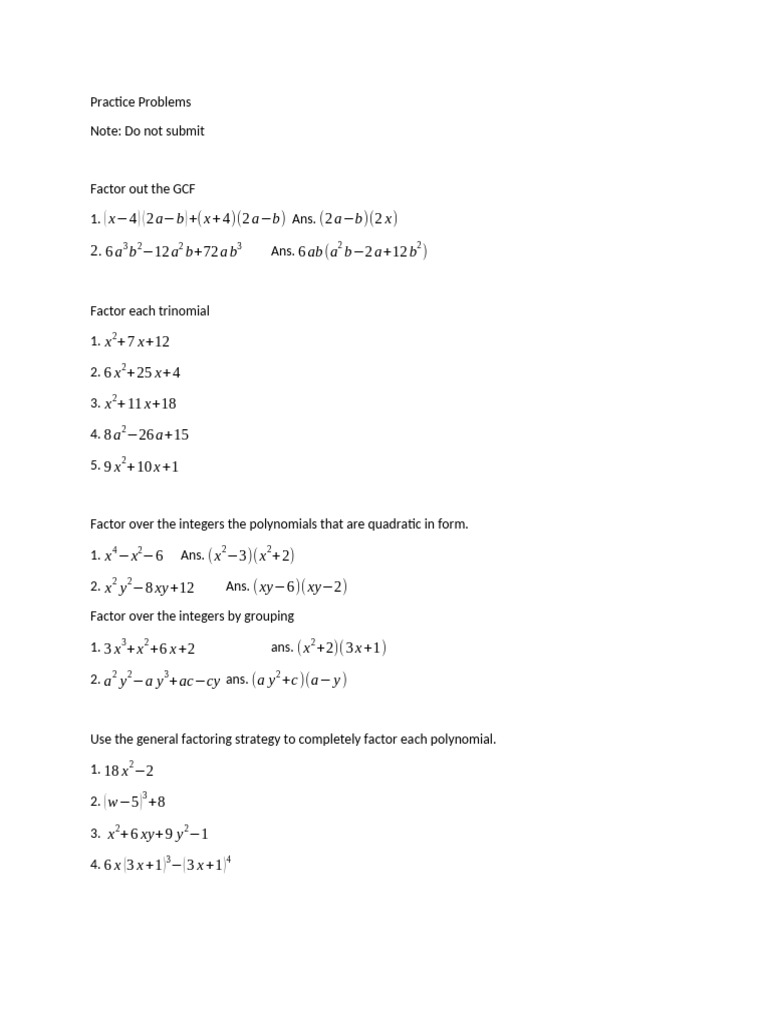 Practice Problems Factoring | PDF