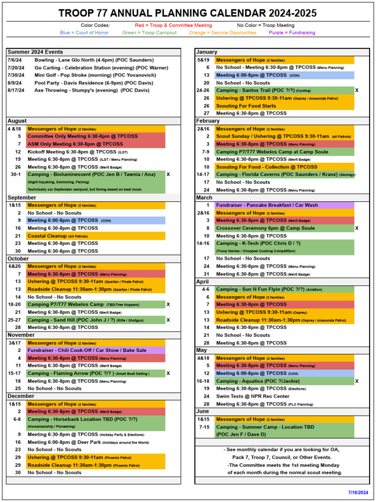 Troop 77 Calendar 2024-2025 7-18-24 | PDF | Youth Organizations | Girl ...