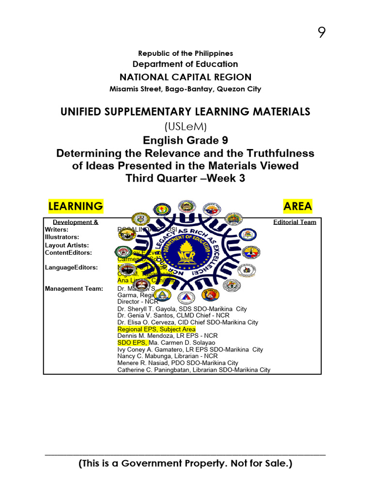 Version 3-English-Uslem Grade 9 Week-3 Q3-Final | PDF | Learning