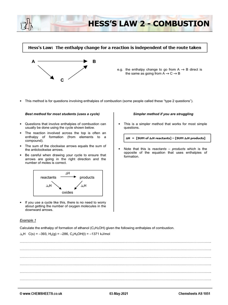 Chemsheets AS 1051 Hesss Law 2 Combustion | PDF | Chemical Process ...