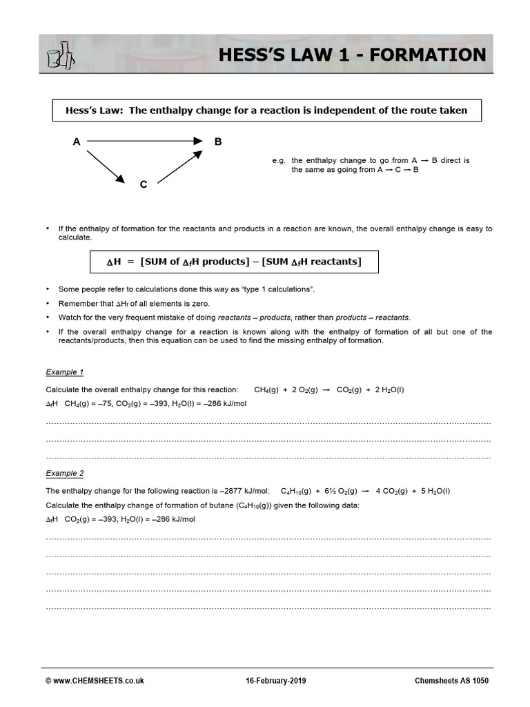 Chemsheets AS 1050 Hesss Law 1 Formation | PDF | Enthalpy | Thermodynamics