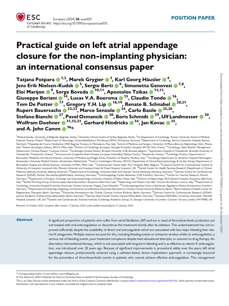 Practical Guide On Left Atrial Appendage Closure For The Non Implanting Physician An ...