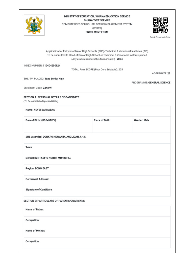 Cssps - Gov.gh Placement Enrolmentform | PDF