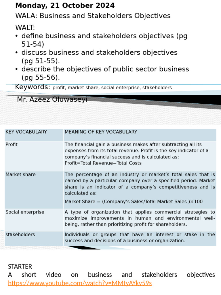 Business and Stakeholders Objectives Overview | PDF | Profit (Economics ...