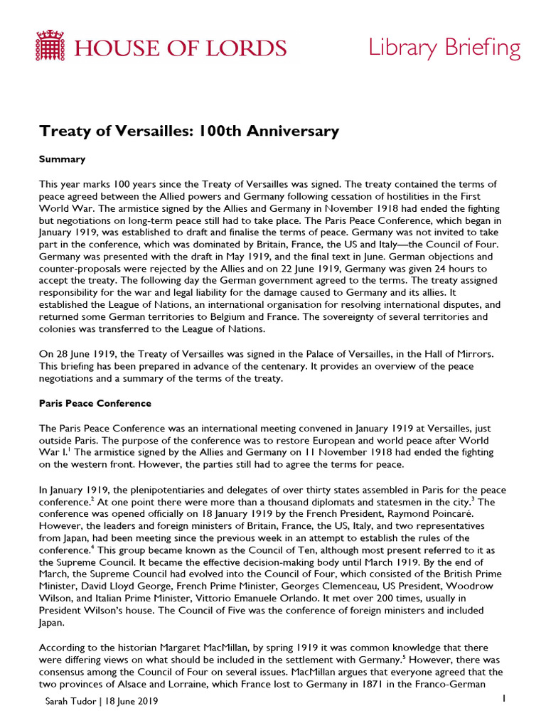 Treaty of Versailles: 100th Anniversary Overview | PDF | Treaty Of ...