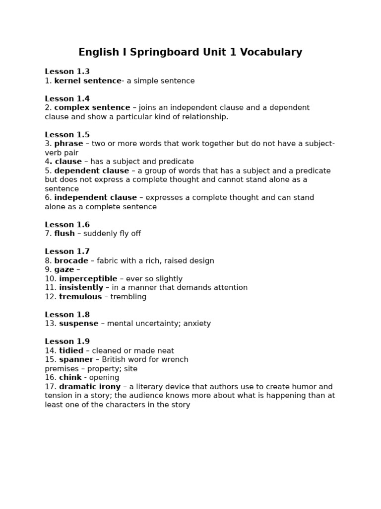 English I Springboard Unit 1 Vocabulary 1.3-1.9 | PDF