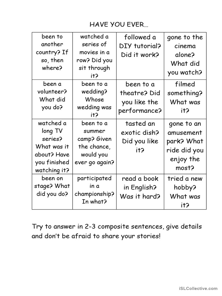 Present Perfect Speaking Cards - Have You Ever | PDF | Games & Activities