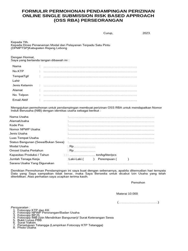 Rba Blanko Permohonan Nib Perorangan | PDF