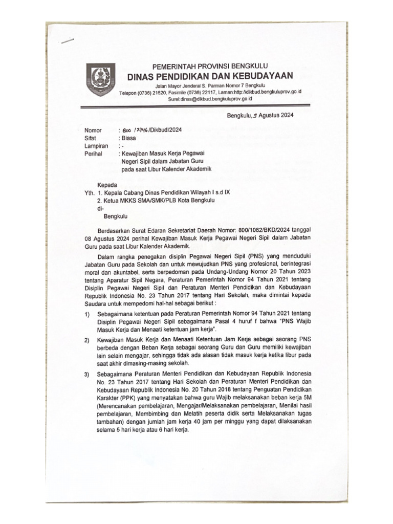 SE Kewajiban Masuk Kerja PNS Dalam Jabatan Guru Pada Saat Libur ...