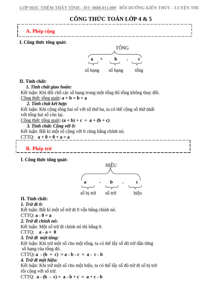 Cong Thuc Toan Lop 4 5 | PDF