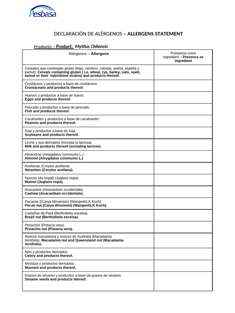 Declaración de Alérgenos - Allergens Statement | PDF | Cocina vegana | Nueces y semillas comestibles