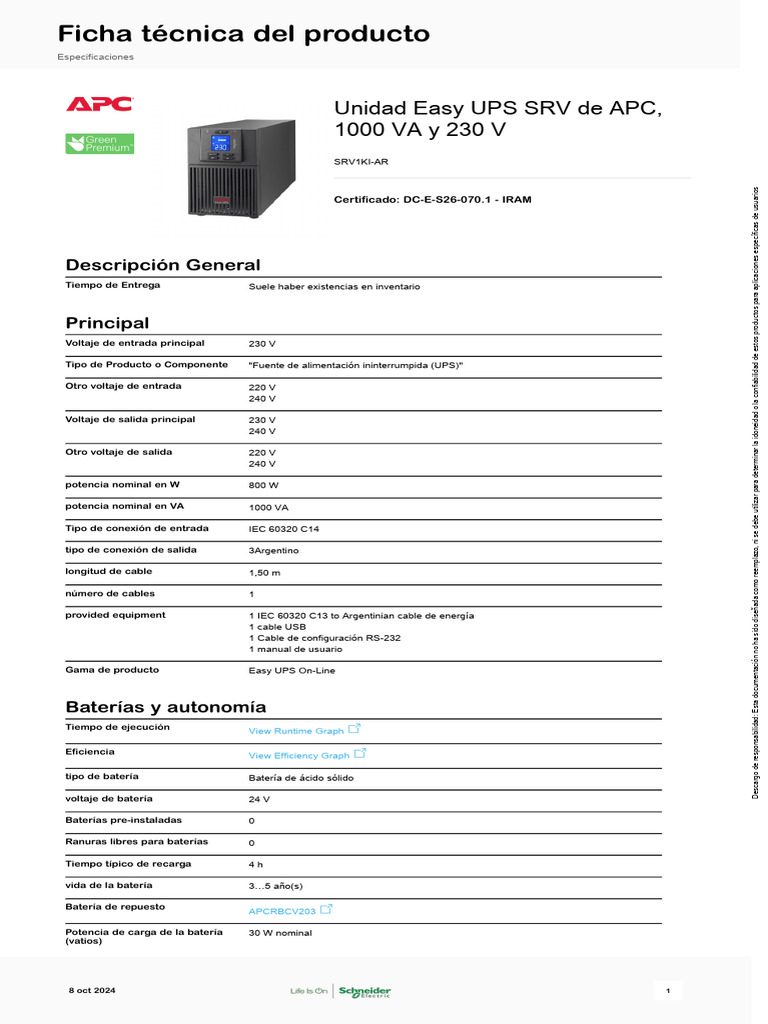 Schneider Electric - Easy-UPS-OnLine - SRV1KI-AR | PDF | Ingenieria Eléctrica | Cantidades fisicas