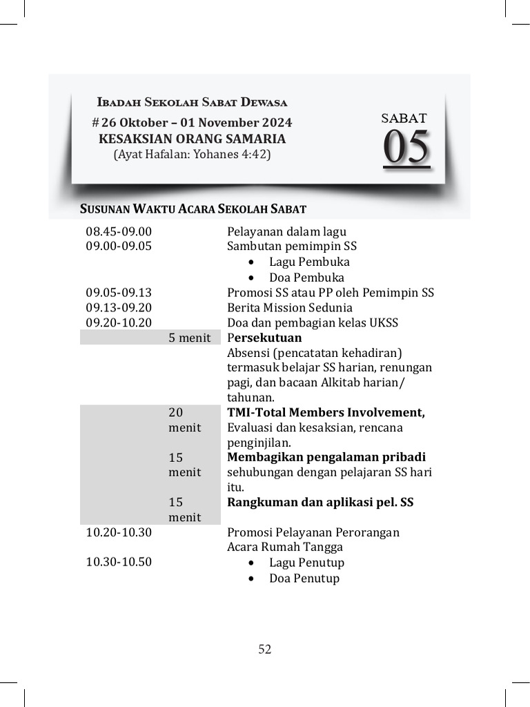 Penuntun Acara SS Sabat Ke-5 Triwulan IV 2024 | PDF