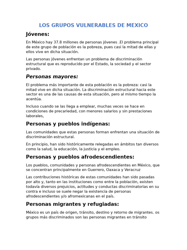 Grupos Vulnerables en México: Desafíos Sociales | PDF | Discriminación ...