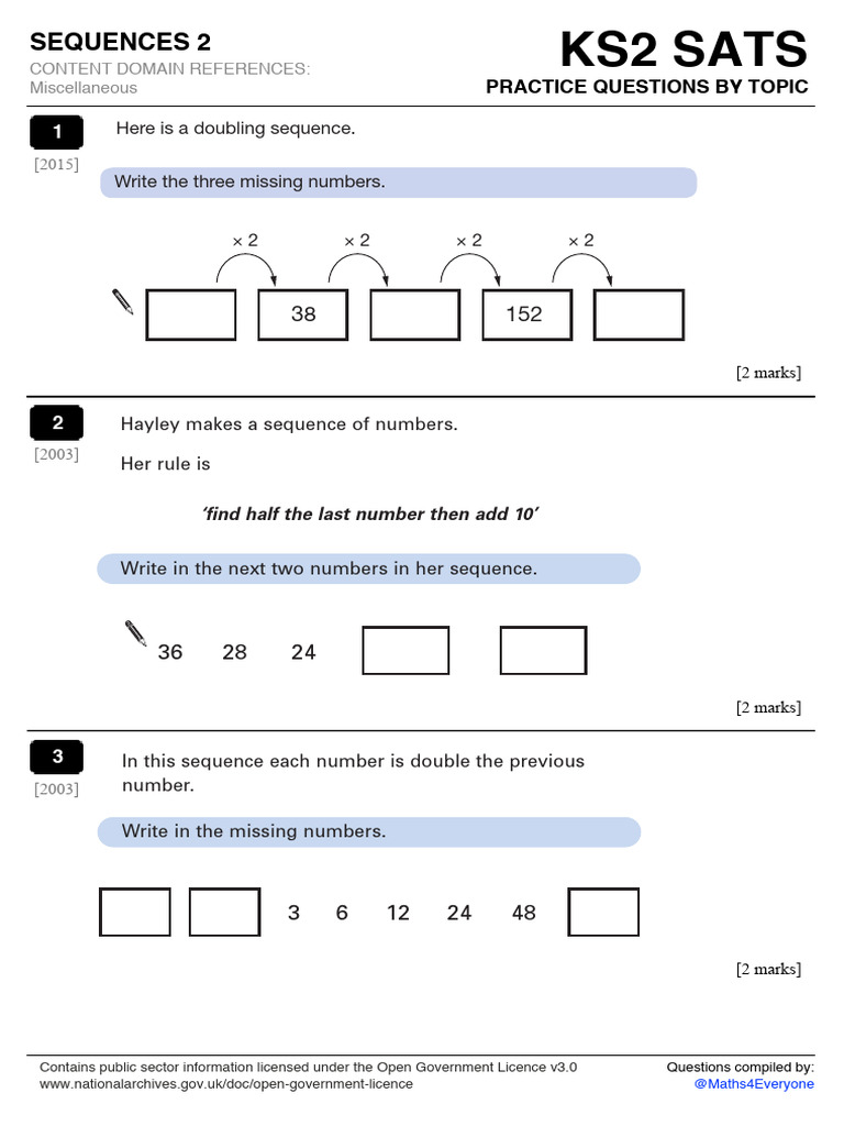 Sequences 2 ks2 Sats Questions 30045 | PDF | Mathematics | Arithmetic