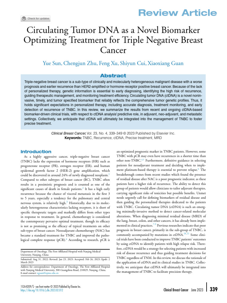Circulating Tumor Dna As A Novel Biomarker Optimizing Treatment For Triple Negative Breast