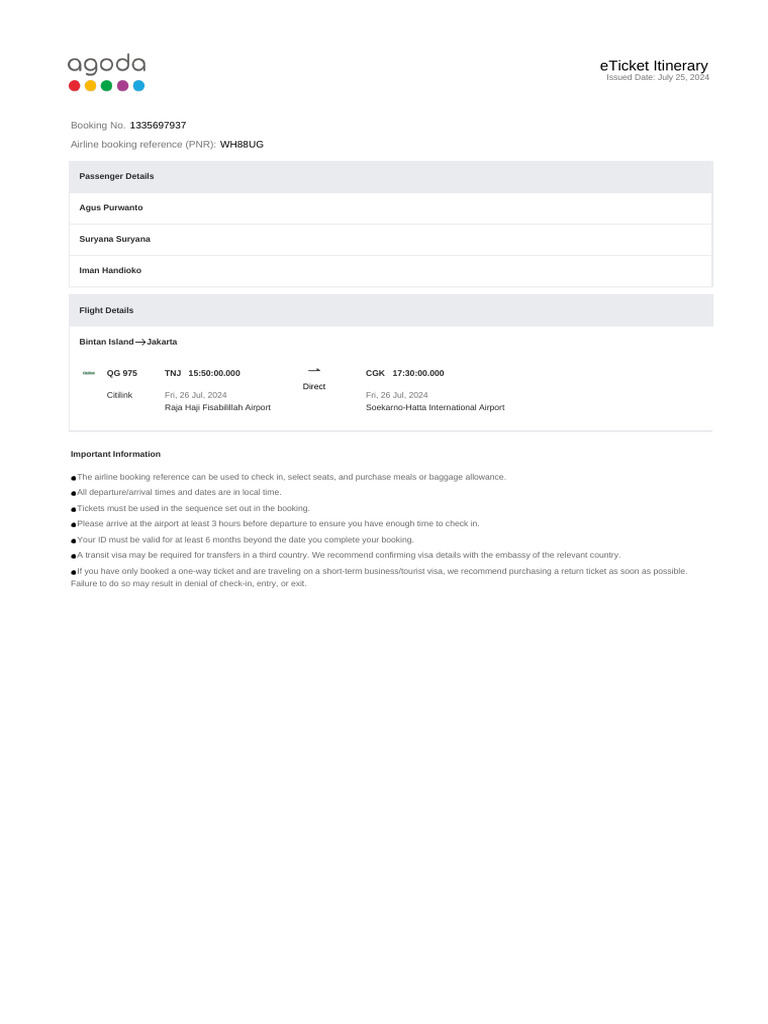 Booking ID 1335697937 ETicket | PDF