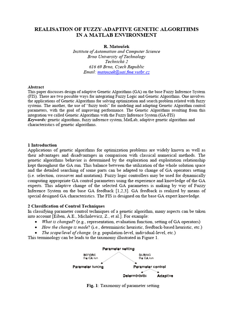 REALISATION OF FUZZY-ADAPTIVE GENETIC ALGORITHMS IN A MATLAB ENVIRONMENT (Matousek) | PDF ...