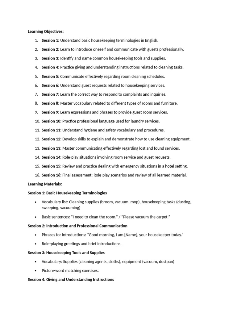 Learning Objectives | PDF | Housekeeping