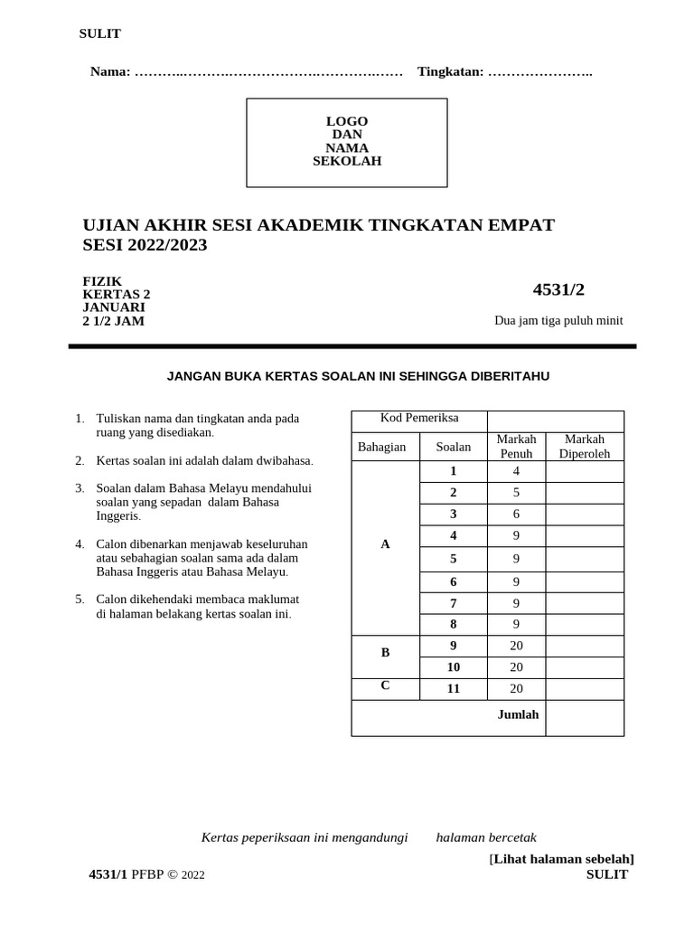 Fizik K2 - Uasa T4 2022 - SBP Johor | PDF