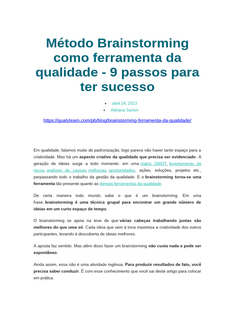 Brainstorming: 9 Passos para o Sucesso | PDF | Debate | Criatividade