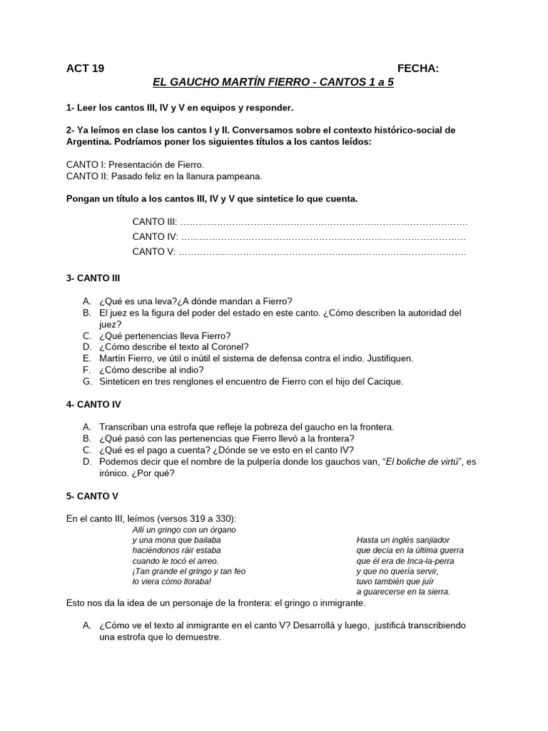 Actividad 19 - El Gaucho Martín Fierro (Cantos 1 A 5) | PDF