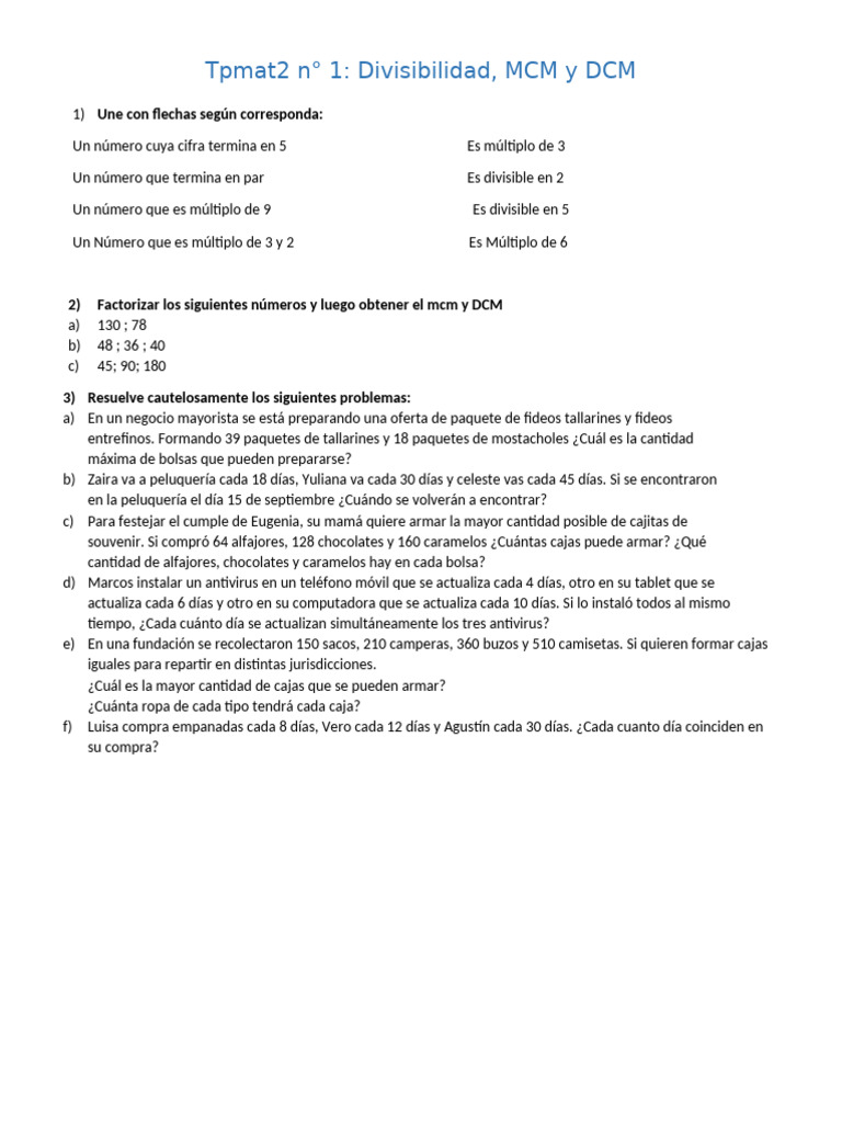 TP Mat2 #1 Divisibilidad, MCM y DCM (CET33) | PDF