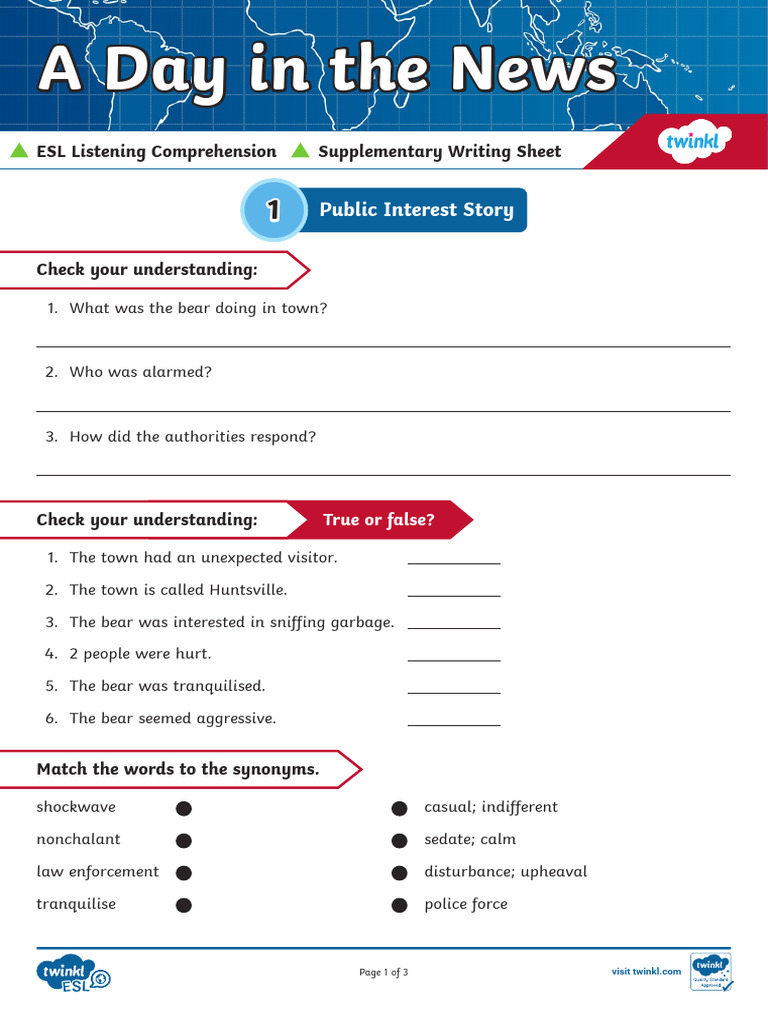A Day in The News Supplementary Writing Sheet | PDF | English As A ...