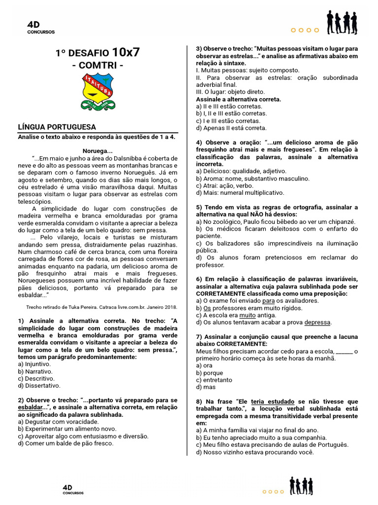 DIA 01 - 1º DESAFIO 10x7 - LÍNGUA PORTUGUESA - COMTRI - 4D CONCURSOS ...