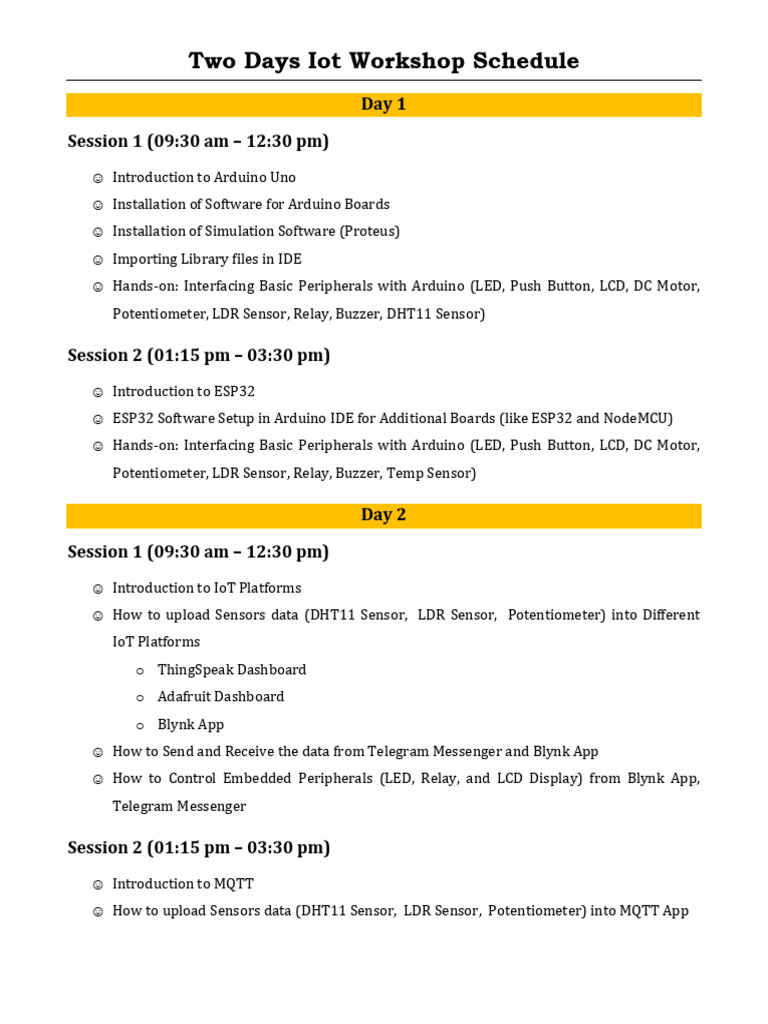 Two Days Iot Workshop Schedule | PDF