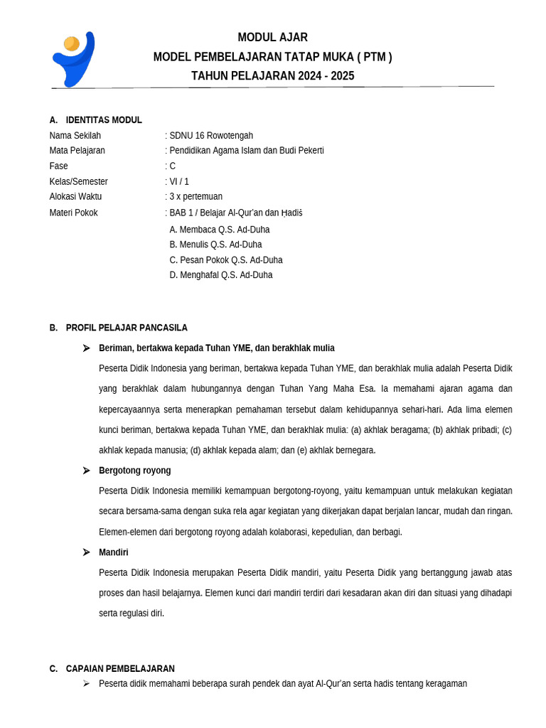 Modul Ajar Pai Kelas 6 Bab 1 | PDF