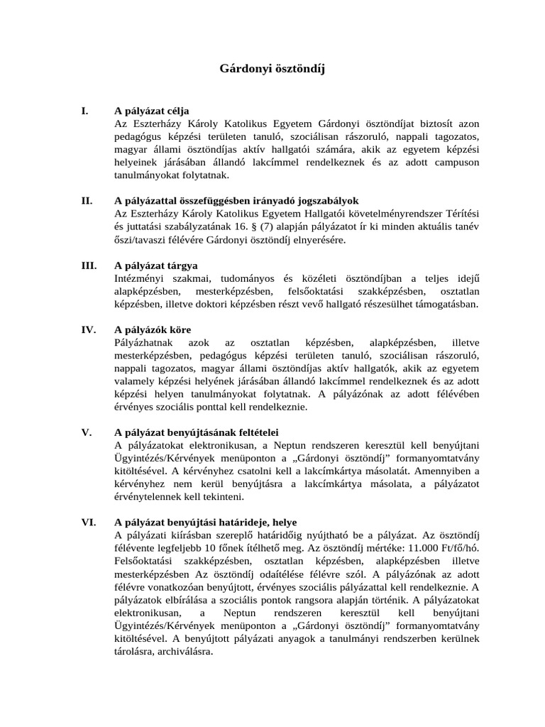 Gárdonyi Ösztöndíj: I. A Pályázat Célja | PDF