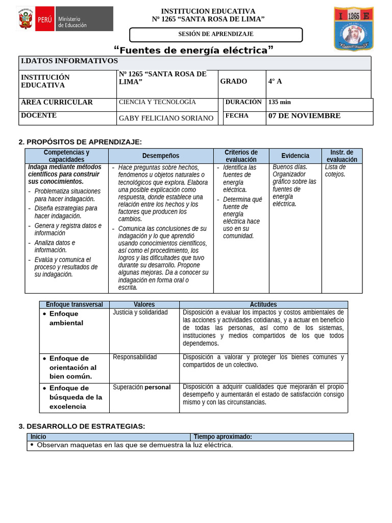 Fuentes de Energía Eléctrica en 4° A | PDF | Evaluación | Aprendizaje