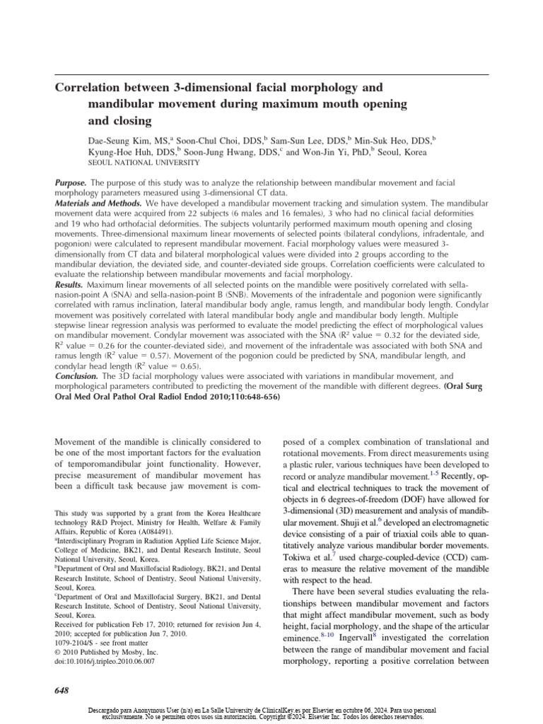 Correlation Between 3-Dimensional Facial Morphology and Mandibular Movement During Maximum Mouth ...