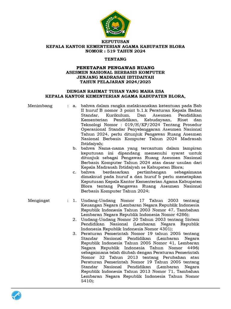 SK Pengawas Silang ANBK MI 24 Kirim | PDF