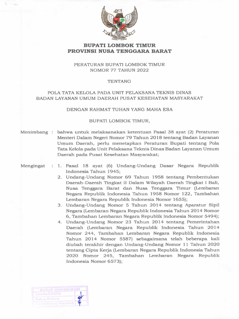 Perbup No 77 THN 2022 TTG Tata Kelola Pada Unit Pelaksana Teknis Dinas Badan Layanan Umum Pusat ...