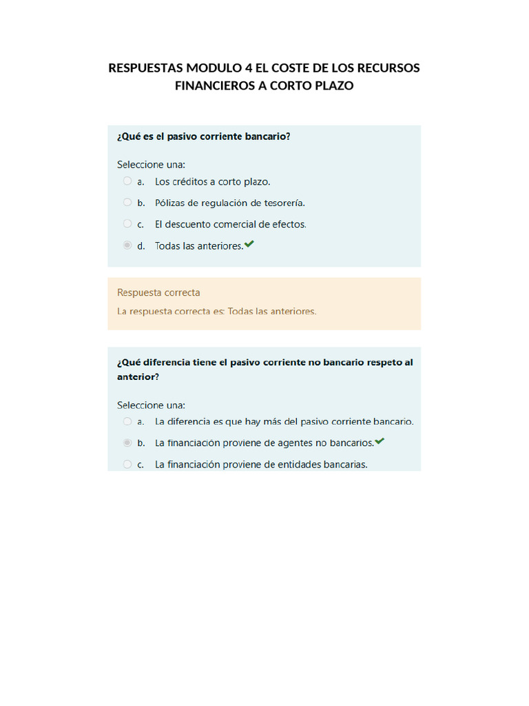 Respuestas Modulo 4 El Coste de Los Recursos Financieros A Corto Plazo | PDF