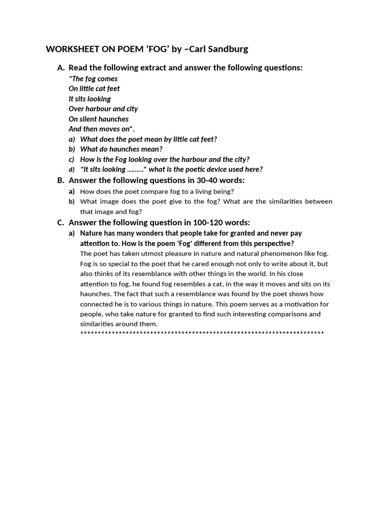 Worksheet On Poem Fog | PDF
