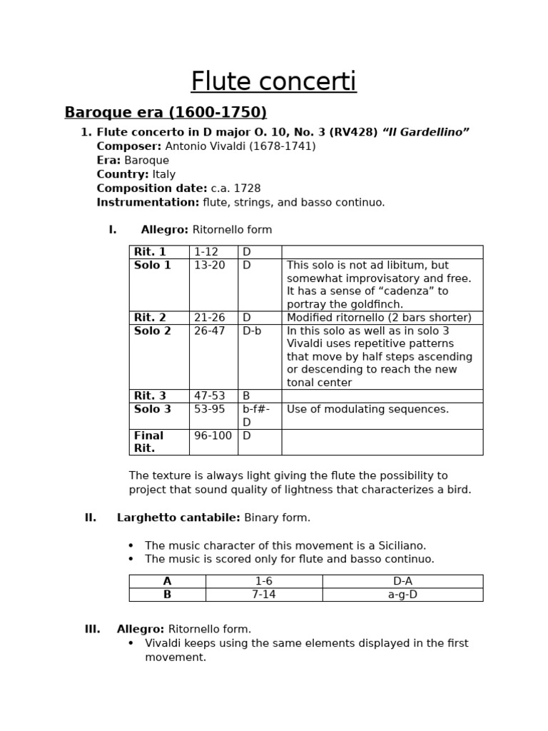 Flute Concerti: Analyses | PDF | Concerto | Baroque Music