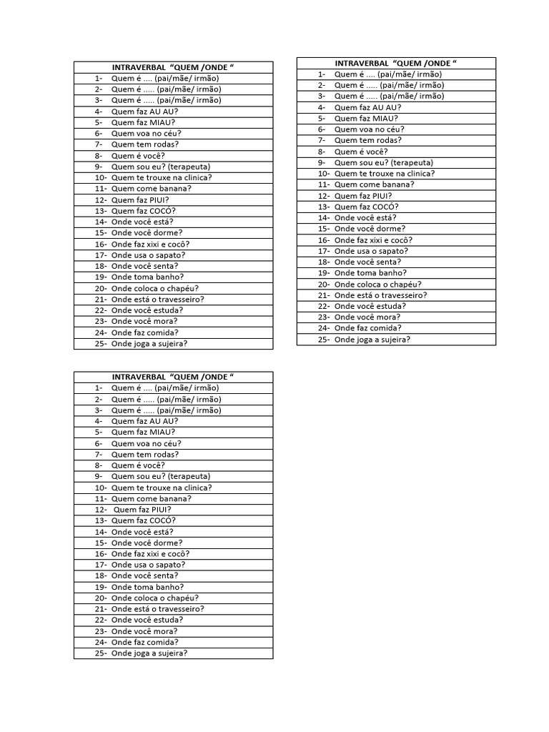 ABA Lista Intraverbal Quem, Onde | PDF