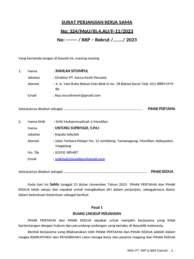 196 Draft Master MOU KKP & BKK Tahun 2021 (1) Revisi | PDF