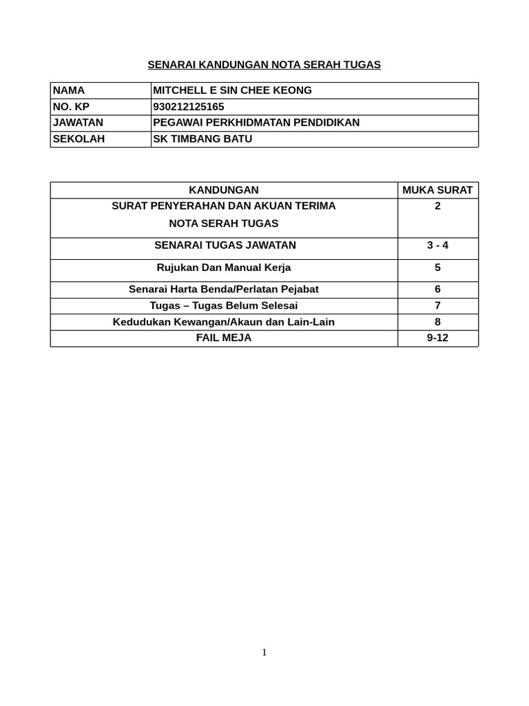 Nota Serah Tugas | PDF