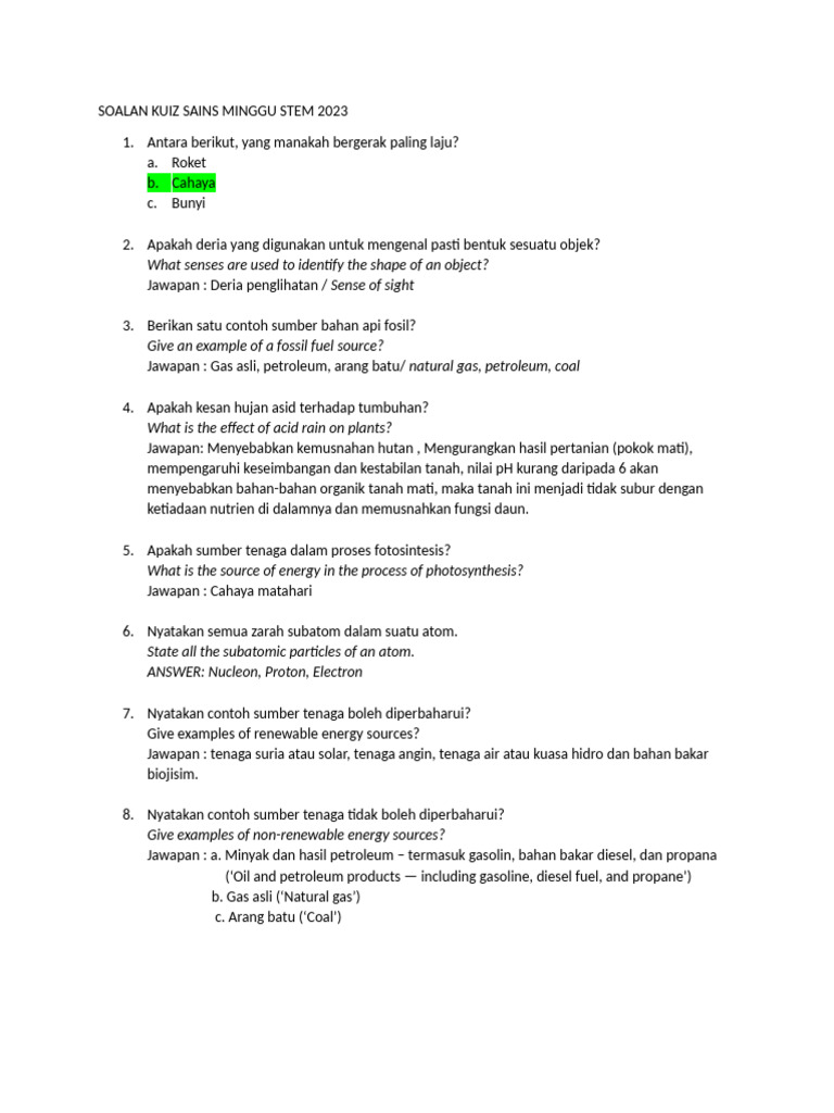 Soalan Kuiz Sains STEM 2023 | PDF
