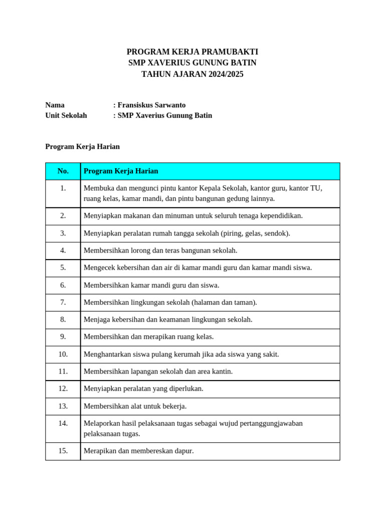 Tugas dan Program Pramubakti SMP Xaverius | PDF | Karier & Perkembangan
