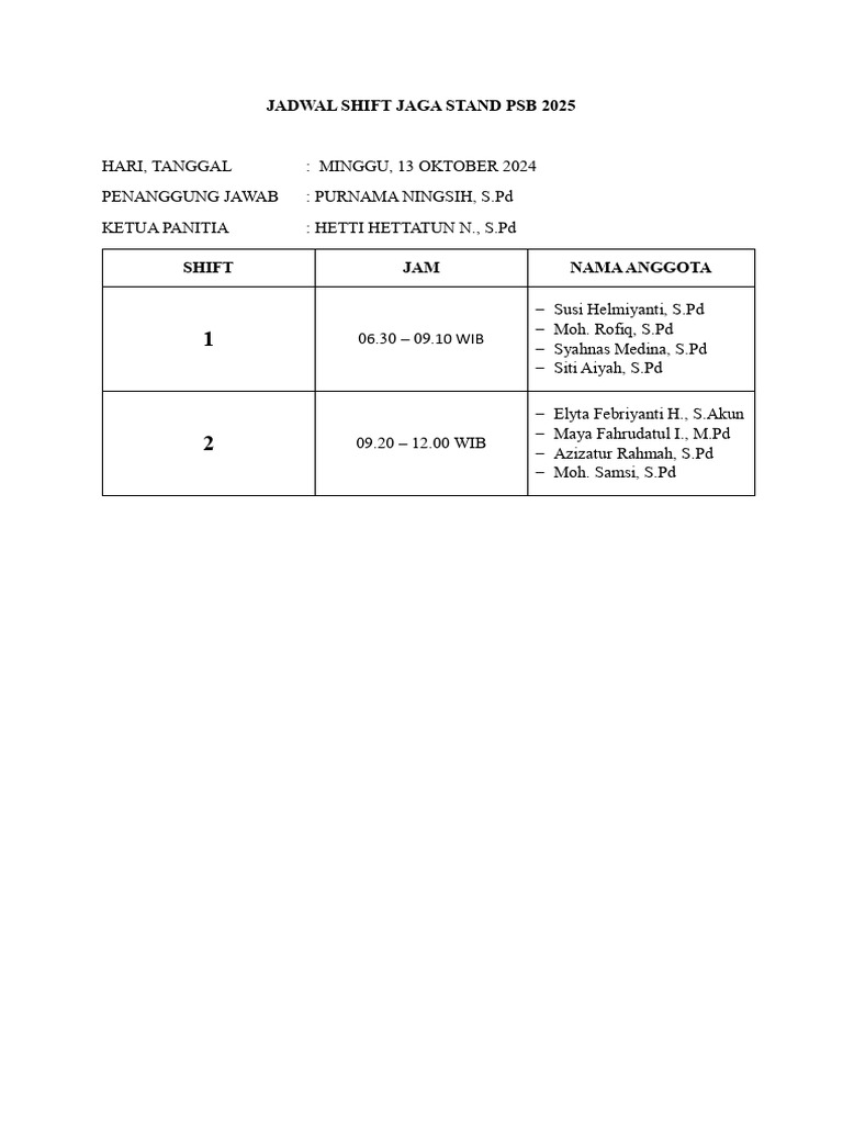 Jadwal Shift Jaga Stand PSB 2025 | PDF